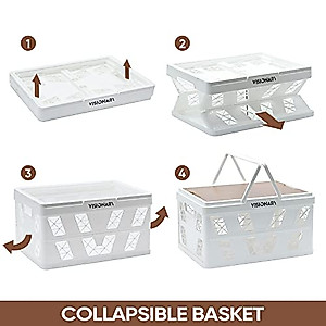 MILILOVE 35L Collapsible Storage Grocery Shopping Basket With Lid, Storage Crates, Plastic Stackable Basket, Tote Portable Basket with Handles, for Picnic Camping Picking Organizing Toys Car Trunk