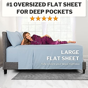 Extra Deep Pocket Queen Bed-Sheets – 4-Piece Includes: 18”-21” Inch Super Extra Deep Pocket Fitted Sheet – Oversize Flat Sheet – 2 Zipper Closure Pillowcases – Perfectly Fit – Queen Size – Light Blue
