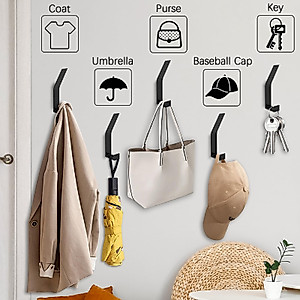 6 Pack Coat Hooks Wall Mount - Heavy Duty Hat Hangers, Large Wall Hooks for Mudroom Entryway Bathroom, Decorative Metal Hook Rack for Hanging Purse, Baseball Cap, Key, Backpack, Towel, Robe (Black)