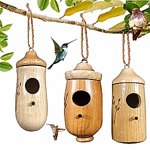3Pcs Hummingbird House, Wooden Hummingbird House for Outside Hanging, Cute Humming Bird Nest with Hemp Ropes, Hanging Bird Houses for Outdoor Garden Home Decor, Nesting Birdhouse Nature Lovers Gift(B)