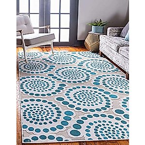 Unique Loom Modern Collection Geometric, Contemporary, Circles, Swirls, High-Low Pile, Indoor and Outdoor Area Rug, 7 ft x 10 ft, Ivory/Teal