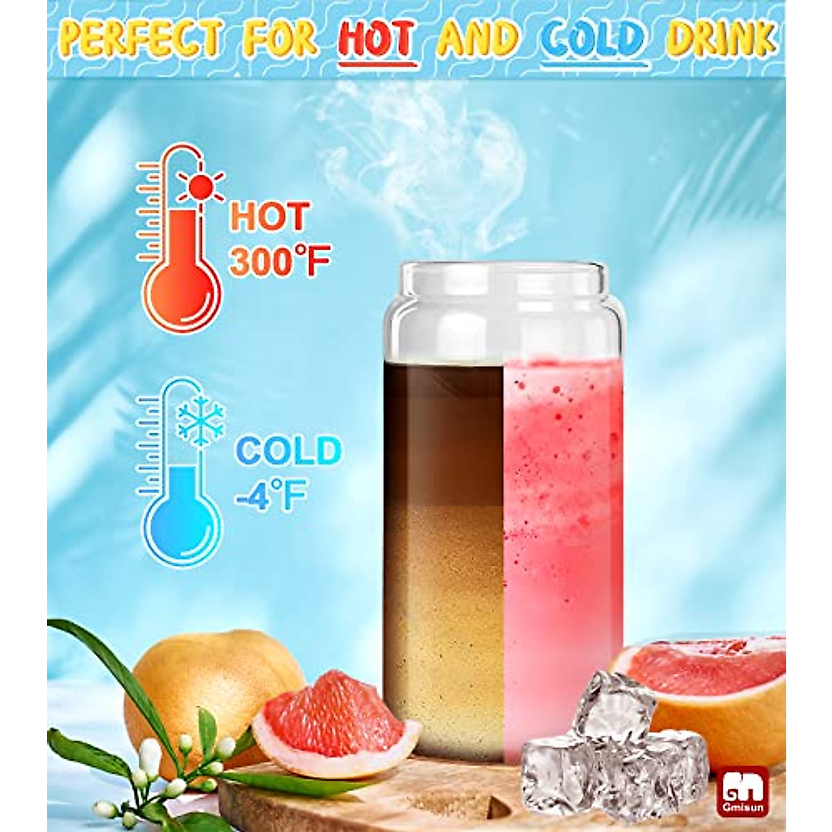 GMISUN Glass Cups with Lids and Straws, 16oz Iced Coffee Cup, Beer Can Glass with Lids and Straw, Drinking Glasses with Bamboo Lids Coffee Bar Accessories for Beer/Juice, Exclusive Transfer Labels