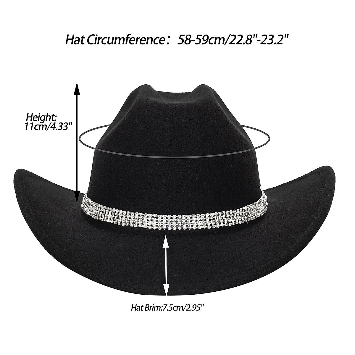 Five Rows Rhinestones-Cowboy-Cowgirl-Hat - Roll Wide Brim Western-Hat for Wedding Music Costume Party (Fit for M-L) Black