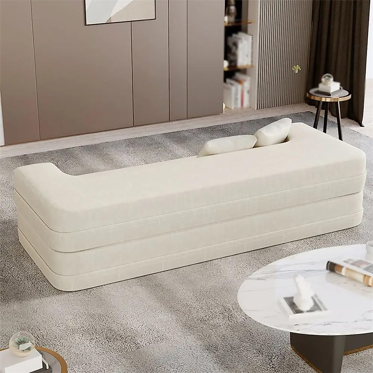 JAHH 79" Beige Folding Sofa Bed Leath-Aire Upholstered Full Sleeper