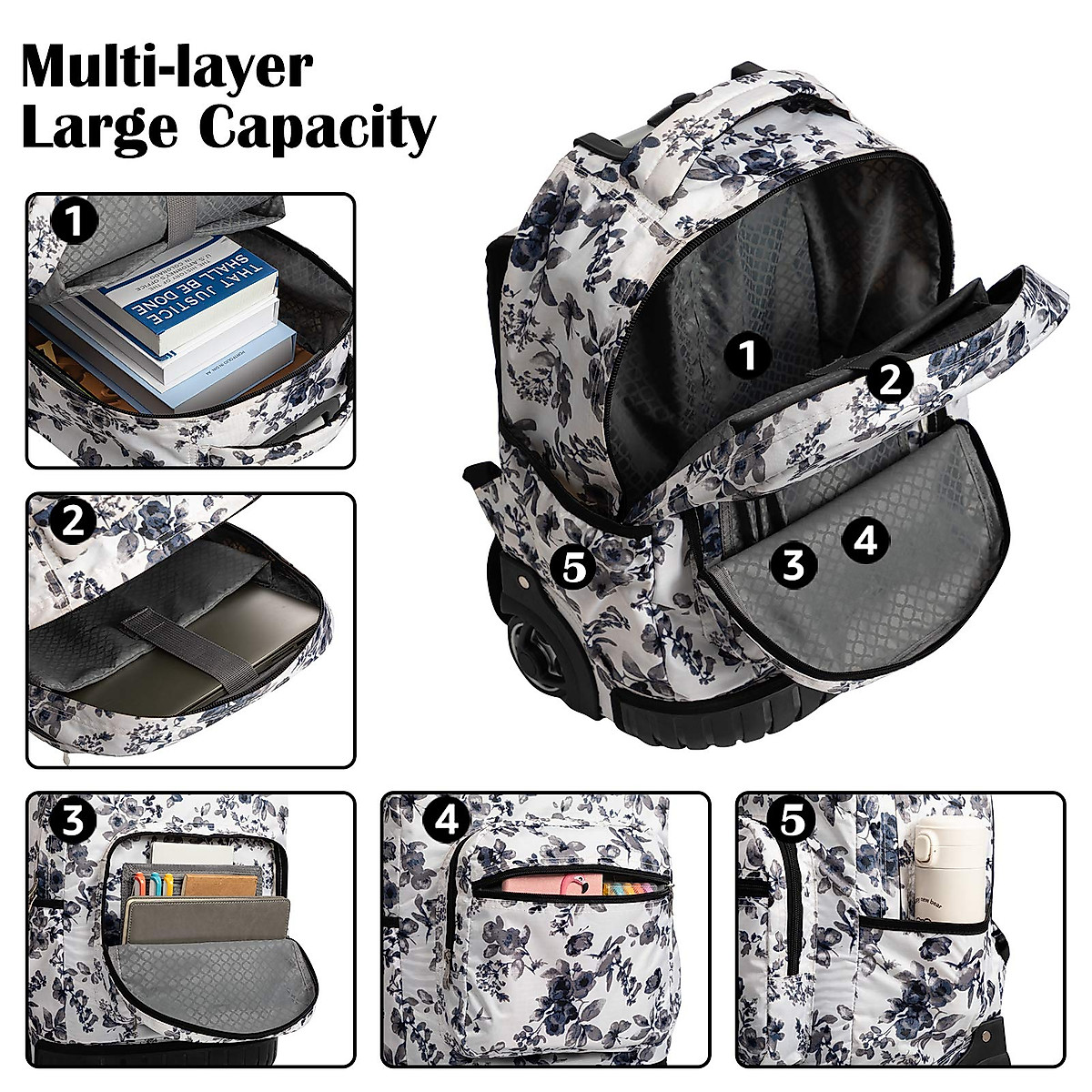 SKYMOVE 18 inches Wheeled Rolling Backpack Multi-Compartment Elementary Books Laptop Roller Bag Short Trip Carry-on for Women and Girls, Wash Painting