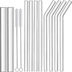 ALINK Reusable Glass Straws, 2PCS Large Clear Glass Boba Straws, 8PCS Wide Smoothie Straws for Bubble Tea, Milkshakes, Popping Tapioca Pearls with 2 Cleaning Brush