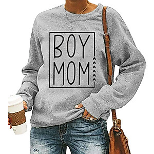 MYCHTE Boy Mom Sweatshirt for Women Casual Fall Winter Long Sleeve Pullover Tops Funny Letter Print Boy Mama T Shirt (XL, Gray)