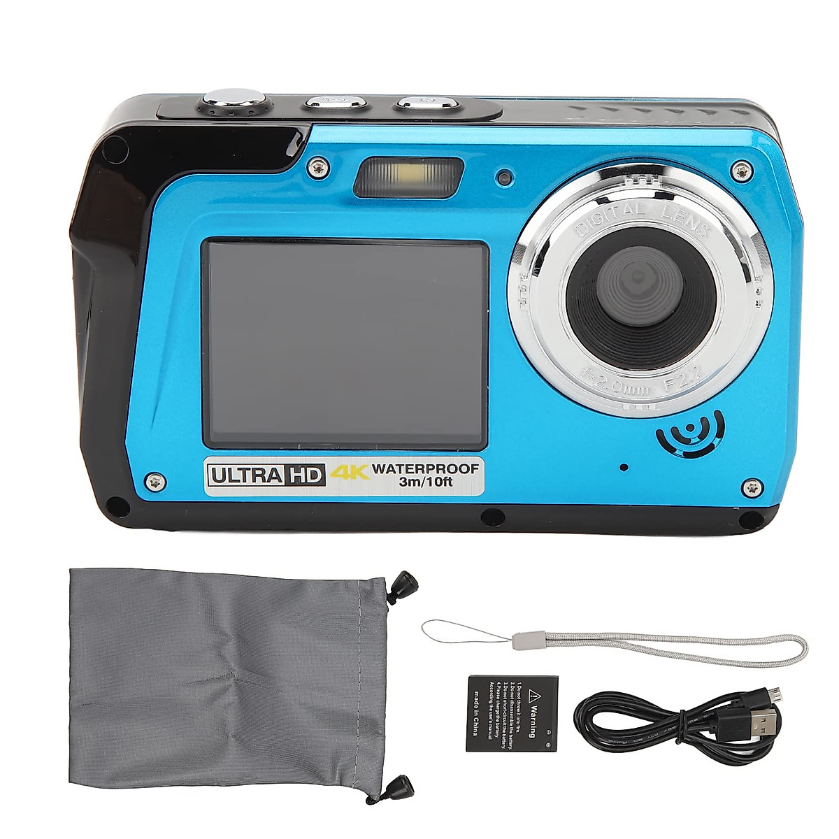 Dual Screen Digital Camera, 4K 30Fps 56MP 18X Video Recording Camera Built in Microphone, Dual Screen, Continuous Shooting, 10ft Waterproof, with 1700mAh Battery