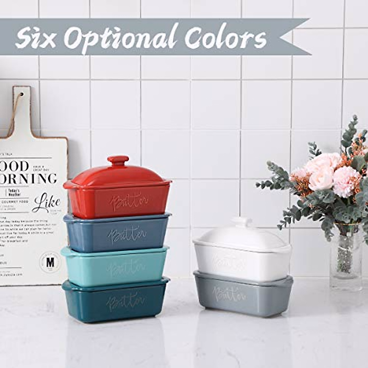 FE Butter Dish, 10 oz Ceramic Butter Keeper with Water Line, French Butter Dish with Lid for Countertop (White)