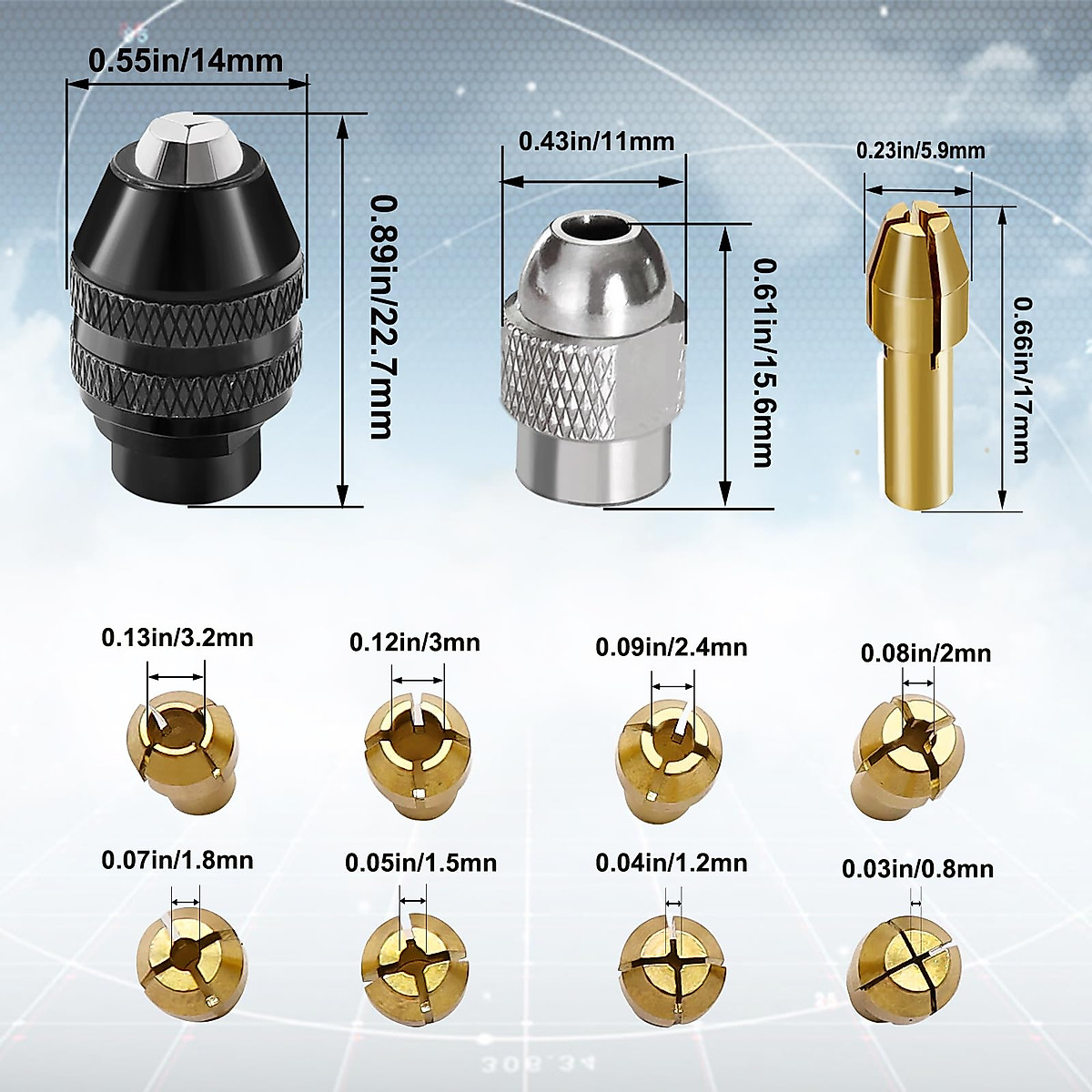 Taiss10PCS Drill Chuck Collet Set, 1/32 "to 1/8" Replacement Brass Quick Rotating Drill Nut for Dremel and Replacement 4485 4486 Keyless Drill Bit Chuck Handle Rotary Tool.