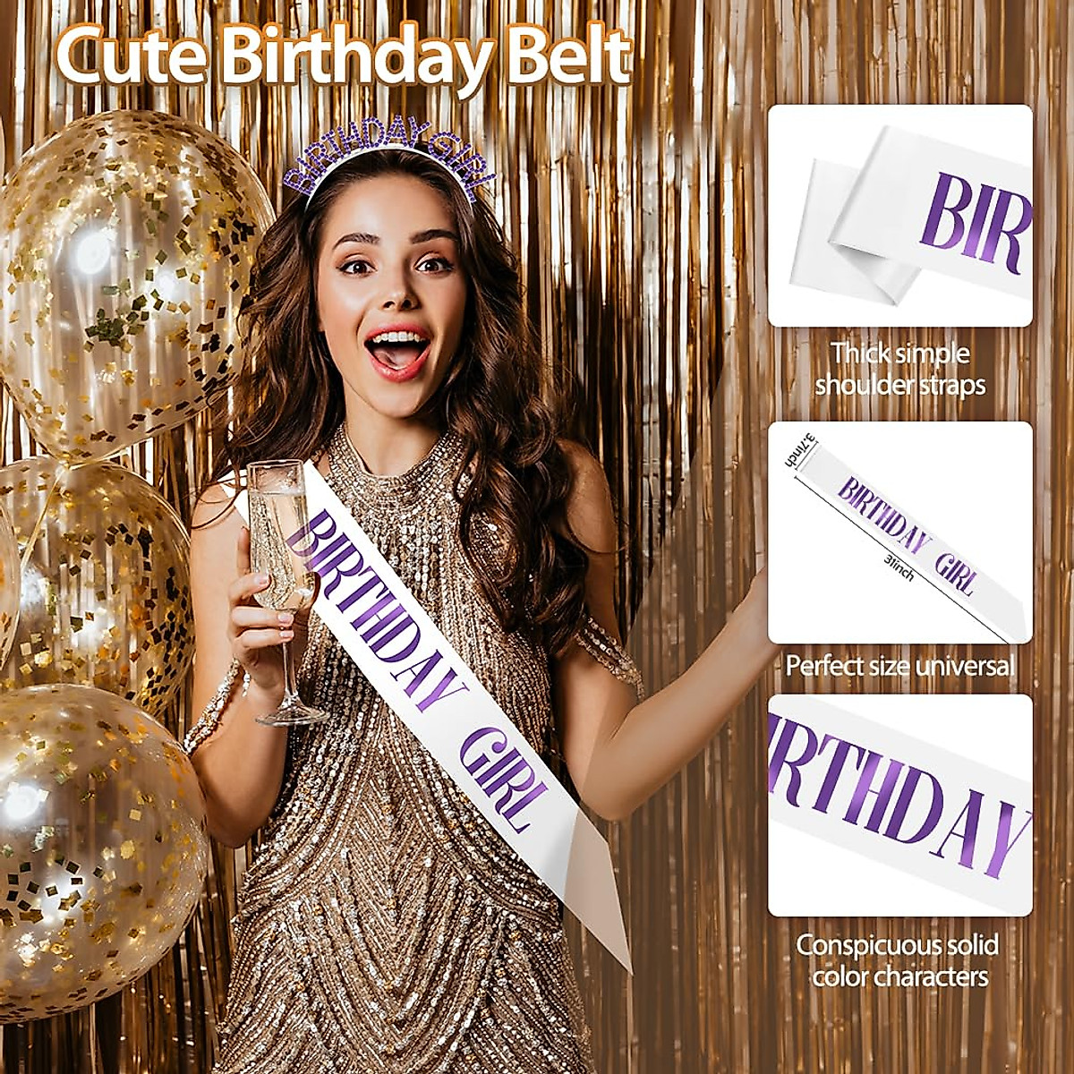 Birthday Girl Tiara Set - Sash, Crown, and Rhinestone Headband for Women, Princess Accessories Gift