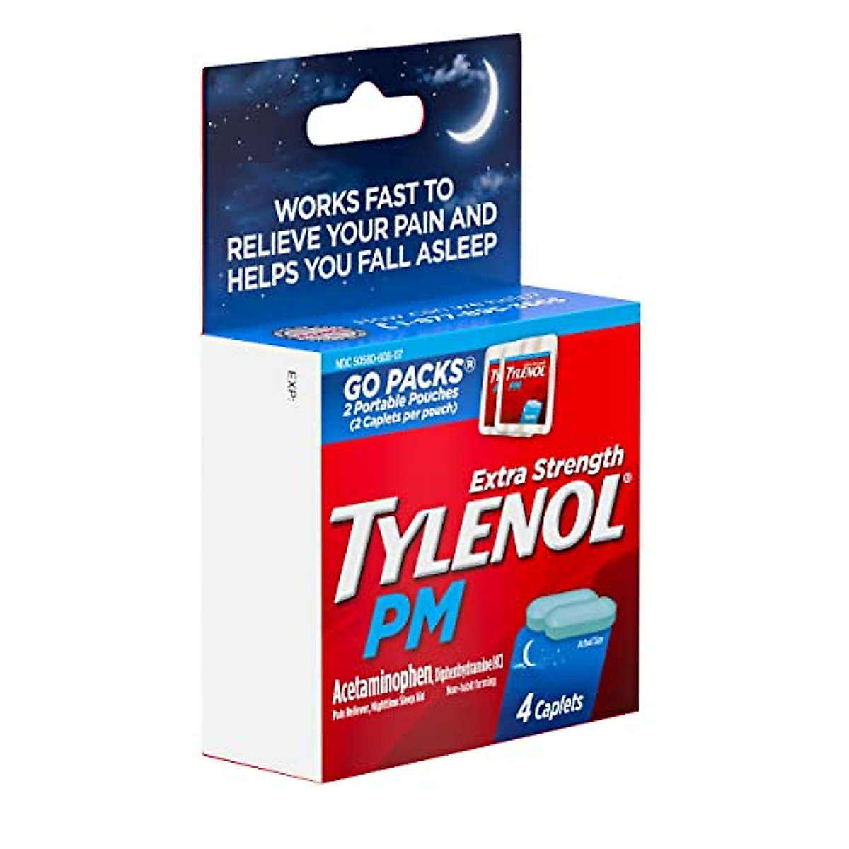 Tylenol PM Extra Strength Nighttime Pain Reliever Sleep Aid Caplets, 500 mg Acetaminophen, 25 mg Diphenhydramine HCl, Relief for Nighttime Aches & Pains, Travel Size, 2 Packs of 2 Caplets