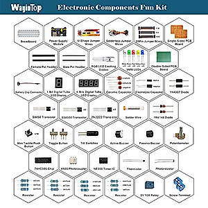 WayinTop Electronics Component Fun Kit w/E-Book, Upgraded Electronic Starter Kit with Breadboard Jumper Wires Kit, PCB Soldering Kit, LEDs & Resisitor Kit for Arduino/for Raspberry pi/ESP32/ESP8266