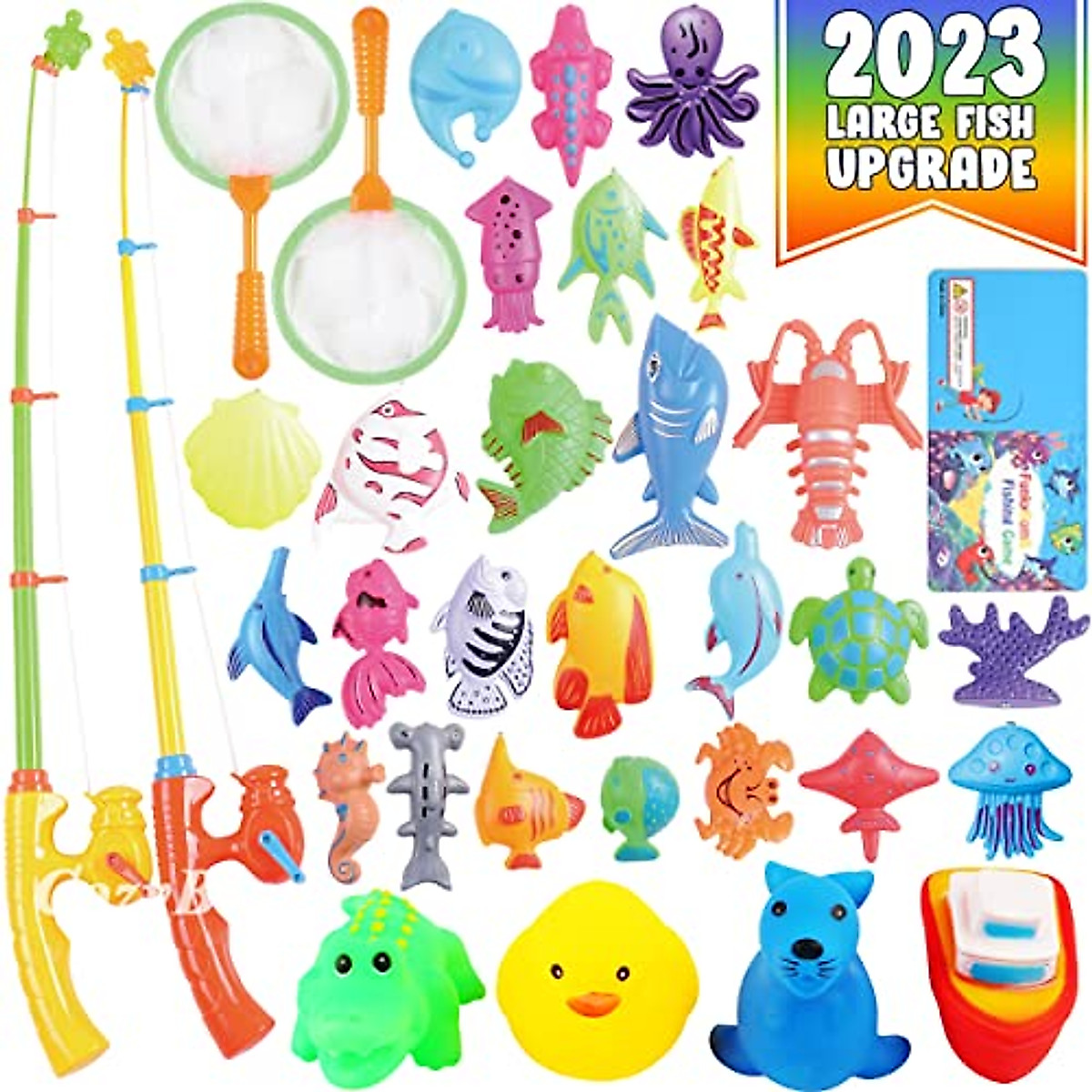CozyBomB Magnetic Fishing Game for Kids - Bath Pool Toys Set for Water Table Learning Education Fishin for Bathtub Fun with 4 Squeak Rubber Animal and Boat, Poles Rod Net Fishes for Kids Age (Green)