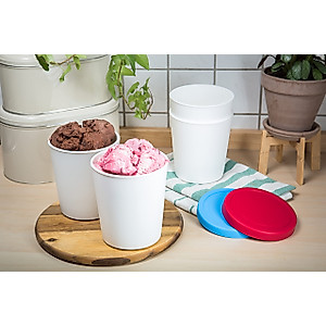 LIN Ice Cream Containers 4-Pack - 1Quart Reusable Round Storage Tubs for Homemade Ice Cream, Dessert, Gelato, Sorbet, 2 Red & 2 Blue Silicone Lids - Non-BPA Plastic Containers - Dishwasher-Safe - No Freezer Burn
