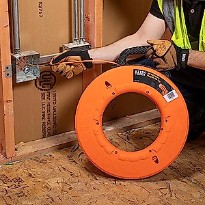 Klein Tools 56056 Electrical Fiberglass Fish Tape, Made in USA, 200-Foot x 3/16-Inch Wide Multi-Groove Fish Tape with Steel Leader