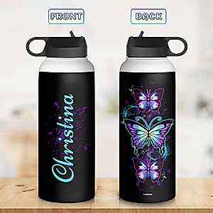 wowcugi Butterfly Water Bottle Personalized Sport Stainless Steel Insulated Sports Bottles 32oz 18oz 12oz Birthday Christmas Custom Butterfly Gifts For Girls Women Kids Teen Custom Name