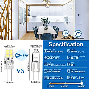 winshine G4 LED Bulb 12V AC/DC, 5000K Daylight, 20/35W Halogen Equivalent, Bi-pin Base LED Landscape Light Bulbs, 2W T3 JC Type Light Bulbs For Under Cabinet, Counter, 360° CRI85+ Non-dimmable 10 Pack