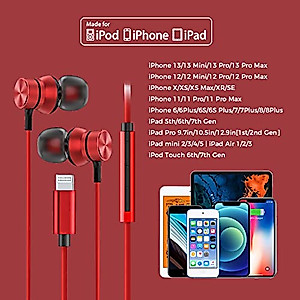 FAPO Lightning Earbuds for iPhone, MFi Certified Wired Earbuds in-Ear Noise Isolation Headphones with Microphone, Headphones for iPhone 13/12/11 Series X/XS/Max/XR iPhone 8/8P/7P(Red)