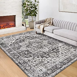 GlowSol Grey 9' x 12' Area Rug, Washable, Non-Slip, Vintage, Bohemian, Low Pile, Machine Made, Polyester, Dining Room