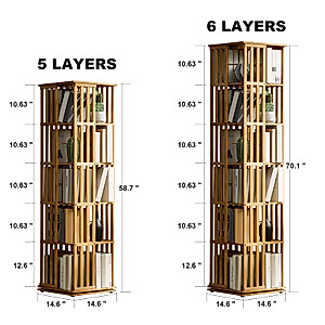 YOWOS Rotating Bookshelf Tower, 360 Display Spinning Bookshelf, Bamboo Bookshelf Floor Standing Storage Rack, Wood Narrow Book Shelf Organizer for Kids&Adults, Natural 6 Tier