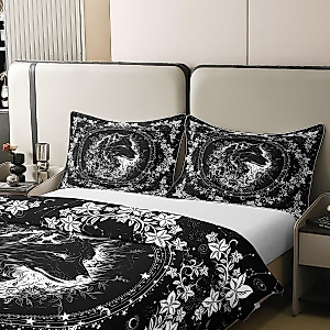 Feelyou Boho Exotic Wolf Bedding Set for Boys Kids King Sun Moon Comforter Cover Set Room Decorative Bohemian Wild Animals Theme 100% Cotton Duvet Cover Galaxy Floral Bedspread Cover 3Pcs Bedclothes