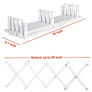 Dseap Accordian Wall Hanger: 16” High Wooden Wall Expandable Coat Rack, Hat Rack Holder, Accordion Hook for Baseball Caps, Coats, Mugs, 14 Peg Hooks, White