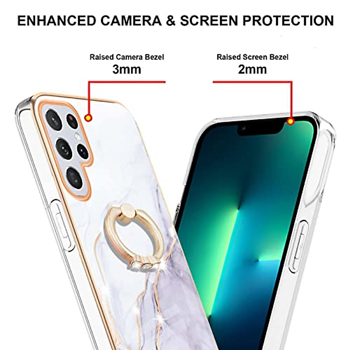 Dinglijia for Samsung Galaxy S22 Ultra Case, Soft TPU + IMD Marble Pattern Shiny Ring Kickstand Case for Girls and Women, Camera and Screen Protection Case for Samsung Galaxy S22 Ultra BKZH White
