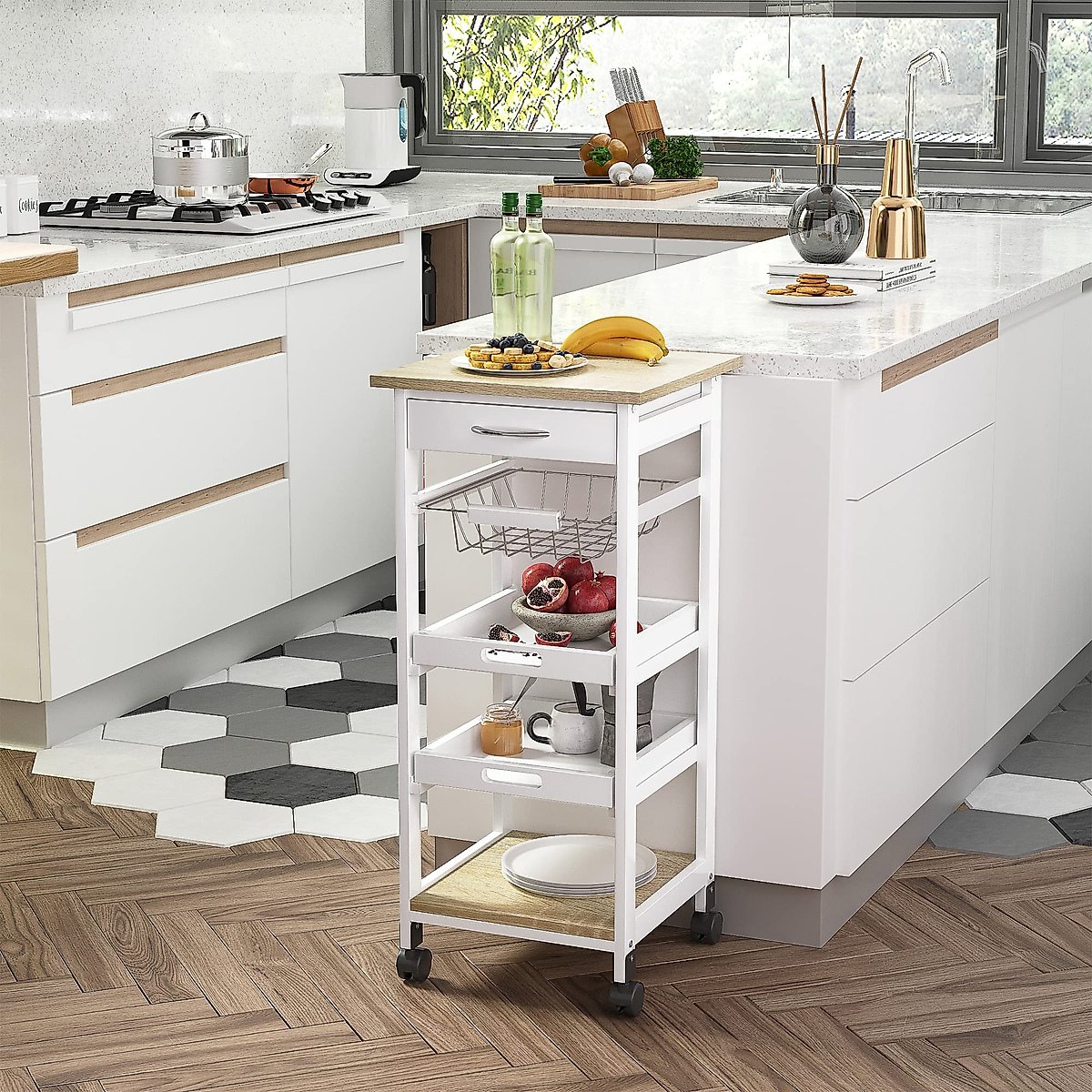 HOMCOM Mobile Kitchen Cart, Rolling Kitchen Island with Storage, Solid Wood Frame Utility Cart with Wire Fruit Baskets, Trays and Drawer, White