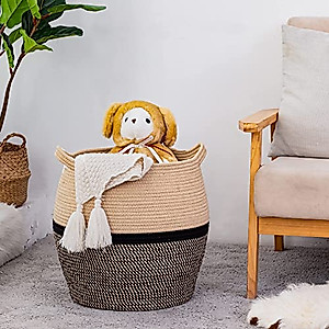 KAKAMAY Woven Baskets for Storage(17"x17"),Large Cotton Rope Basket Baby Laundry Hamper,Collapsible Basket, Blanket Organizing Living Room,Nursery,Clothes,Toy chest (Black)