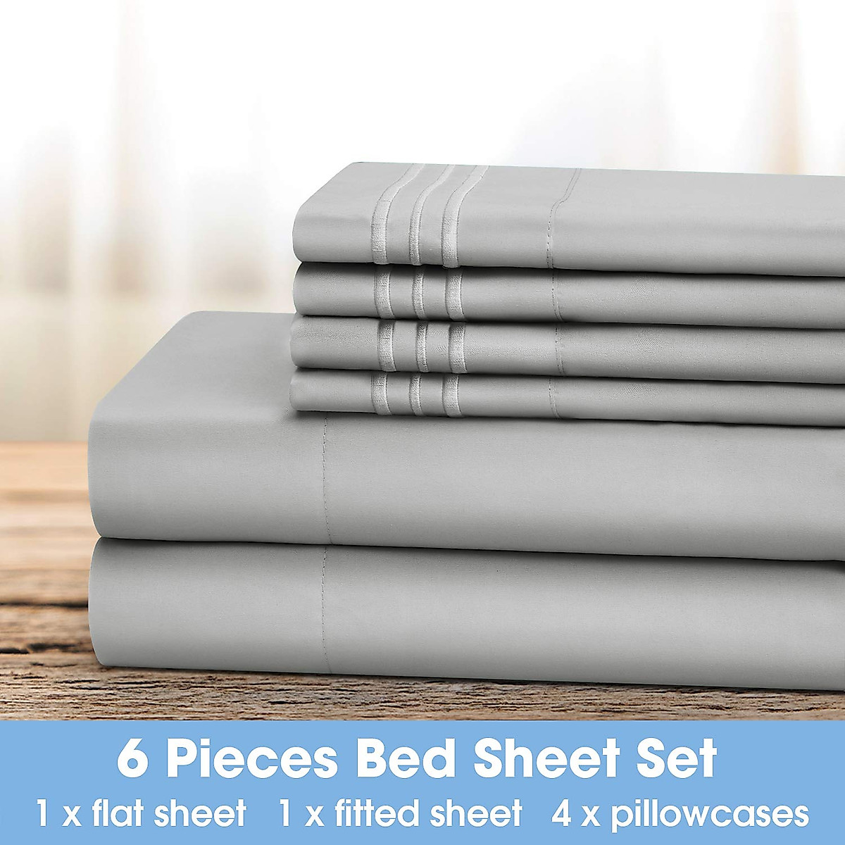 BYSURE 6 Pieces Hotel Bed Sheets Set(Queen, Light Grey), 15" Microfiber Sheet Set with Embroidered Pillowcases, Super Soft Deep Pocket Bedding