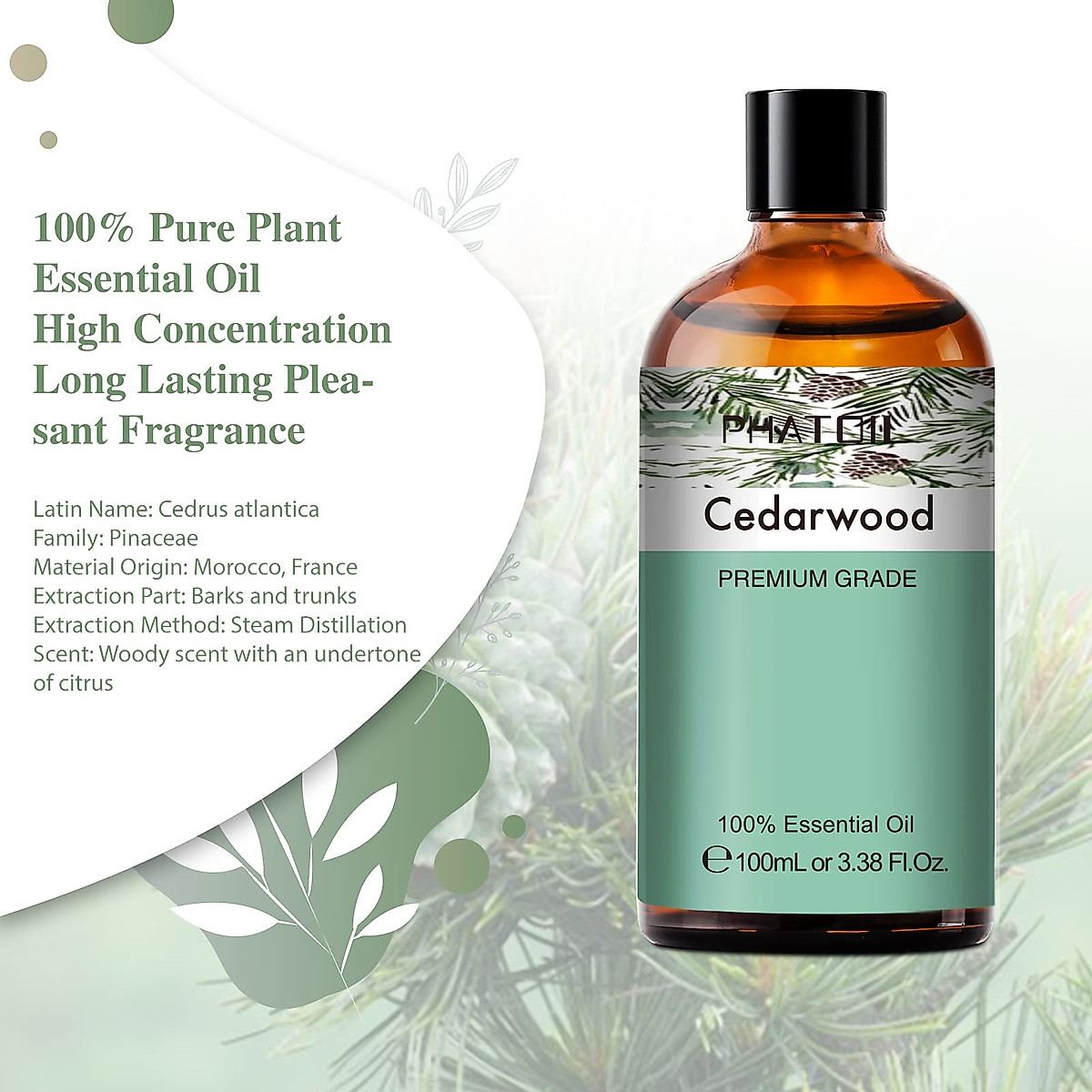 Cedarwood Essential Oil, 3.38Fl.Oz PHATOIL Pure Essential Oil Singles for Aromatherapy Diffusers, Humidifiers, Great for DIY Candle and Soap Making, Gift for Friend