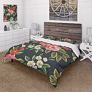 DESIGN ART Designart 'Vintage Pink and Red Wildflowers II' Traditional Duvet Cover Comforter Set Full/Queen Cover + Comforter + 2 Shams 4 Piece