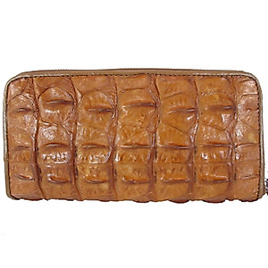 Pelgio Genuine Crocodile Backbone Skin Leather Zip Around Long Wallet (Tan Brown)