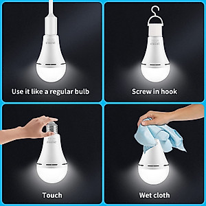 MOSLIAN Emergency-Rechargeable Light Bulb with Hook,Stay Lights Up When Power Failure, 1200mAh 12W 60W Equivalent LED Light Bulbs for Home, Camping, Hiking, 4 Pack, Cool White