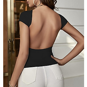 ForeFair Women Sexy Backless Top Open Back Short Sleeve Shirts Cute Slim Fit Crewneck Summer Casual Y2K Tops（Black,XS）