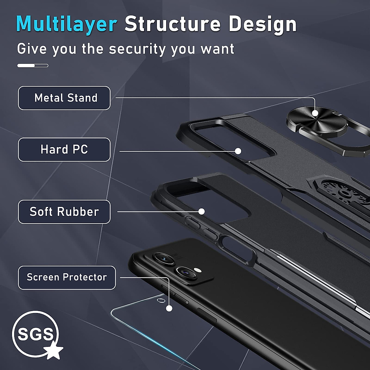 Janmitta Compatible with Moto G Stylus 5G 2023 Case with Screen Protector,Heavy Duty Shockproof Full Body Phone Cover Built in Metal Ring Holder Kickstand,Black Matte