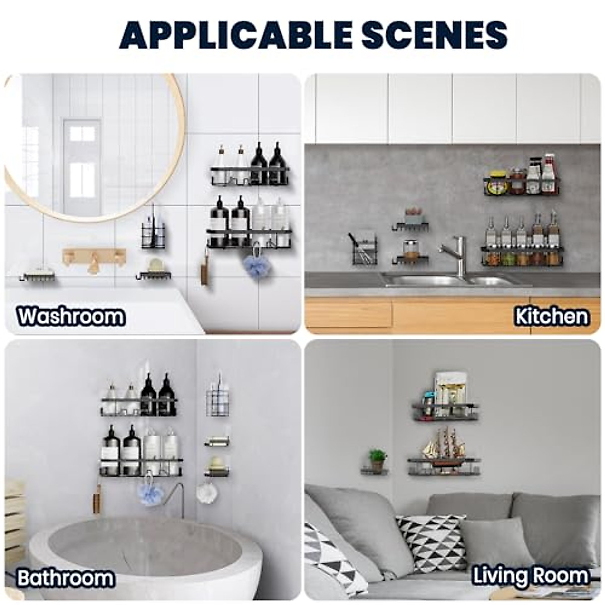 Wekin Shower Caddy Bathroom Organizer, Wall Mount Shower Organizer, No Drilling Rustproof Stainless Steel Self-Adhesive Shower Shelves for Bathroom and Kitchen Storage 5 Pack (Black 5 Pack)