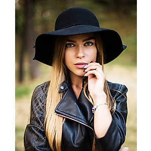 ASSQI Women's 100% Wool Foldable Wide Brim Retro Fedora Floppy Felt Bowler Hat (Black)