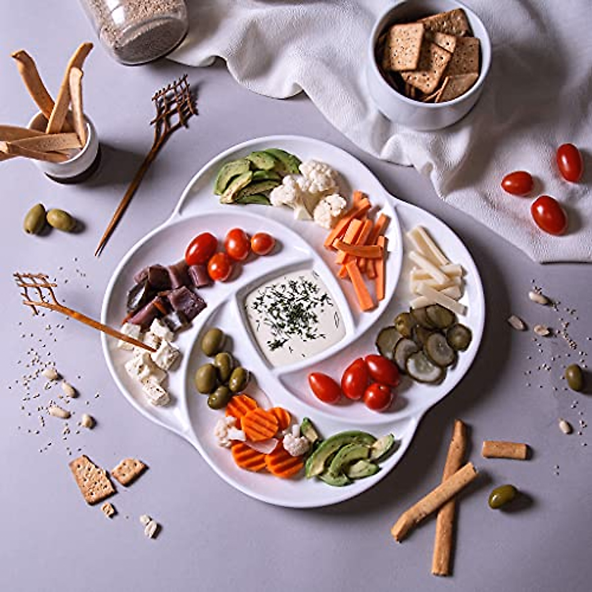 2 Ecology Reusable Non Disposable White Veggie Tray for Partys. 13 in, Unbreakable Melamine Not Plastic. Appetizer Sectioned Platter. Vegetables and Fruits. Chip and Dip Serving. Entertaining.