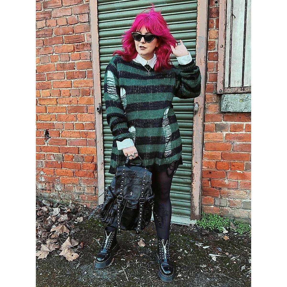 Ro Rox Gothic Knitted Jumper with Distressed Look - Oversized Pullover with Ripped Design, Long Sleeves, Loose Fit, 90s Grunge Style Stripe Pattern, Green, L-XL