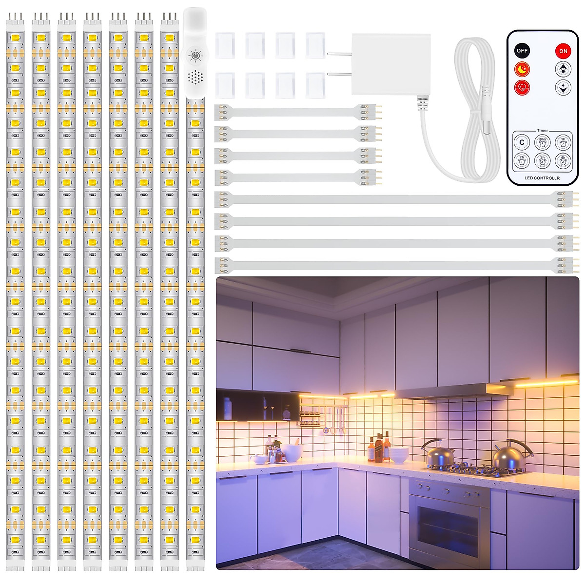 LAFULIT 8 PCS Under Cabinet Lighting Kit, Bright Under Cabinet Lights, Flexible Led Strip Lights with Remote and Power Adapter, for Kitchen Cabinets Shelf Desk Counter, 2700K Warm White, 13ft