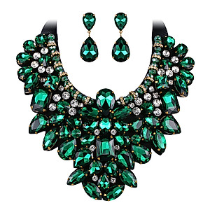 Flyonce Costume Jewelry for Women, Rhinestone Crystal Statement Necklace Earrings Set Emerald Color