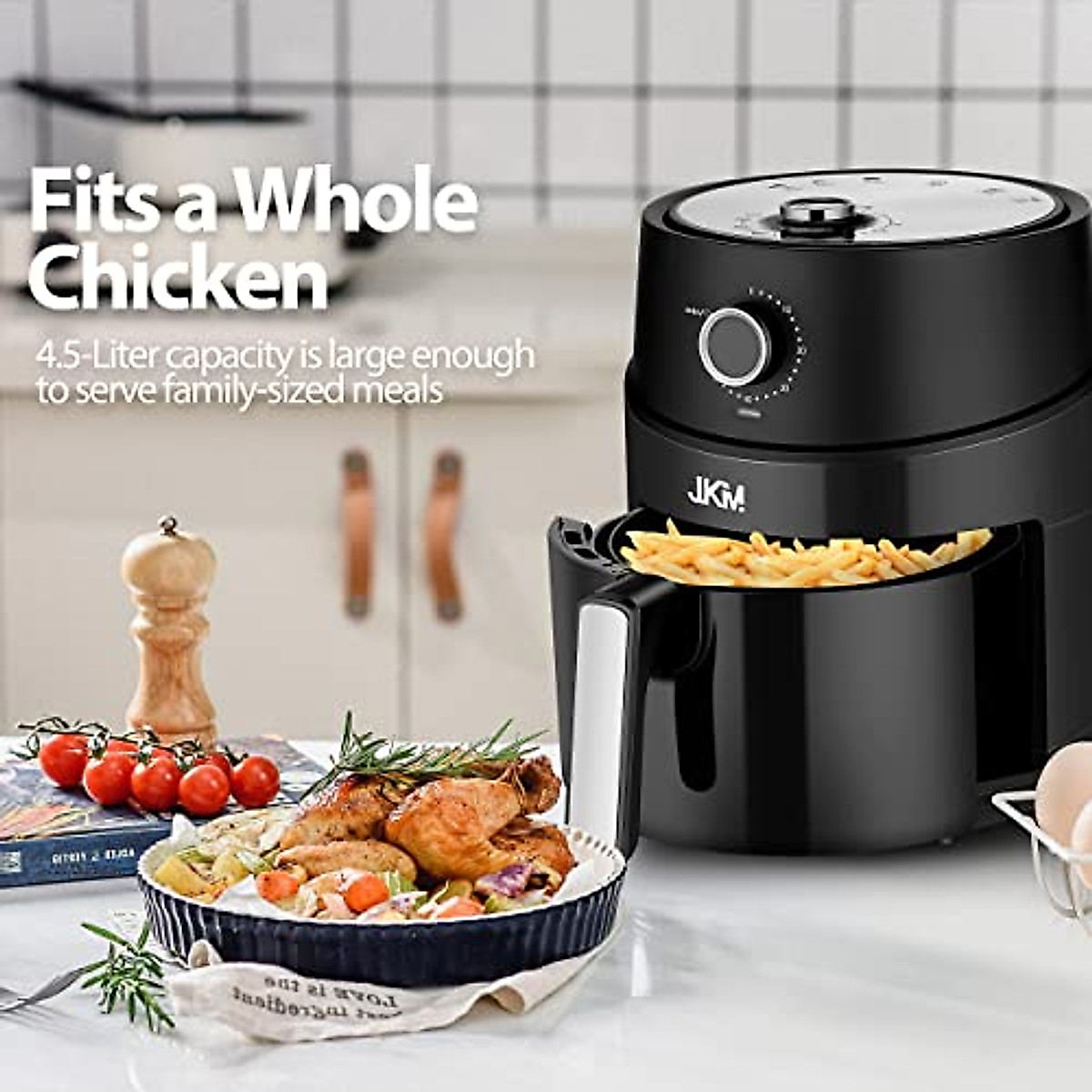 JKM Air Fryer 4.7 Quart, mechanical Air Fryer Oven, Adjustable Timer & Temp, No Oily Smoke Frying Cooking, Auto Shut Off, 1500W, Black