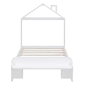 Twin Bed Frames with Headboard and Footboard Bench, Twin Bed Frame with House Shaped Headboard and Chimney, Twin Bed Frames for Kids, Girls Boys, No Box Spring Needed(White)