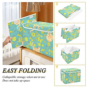 senya Large Collapsible Storage Bins with Lids, Cats on Turquoise Background Storage Baskets Organizer Containers with Handles for Nursery Clothes Toys