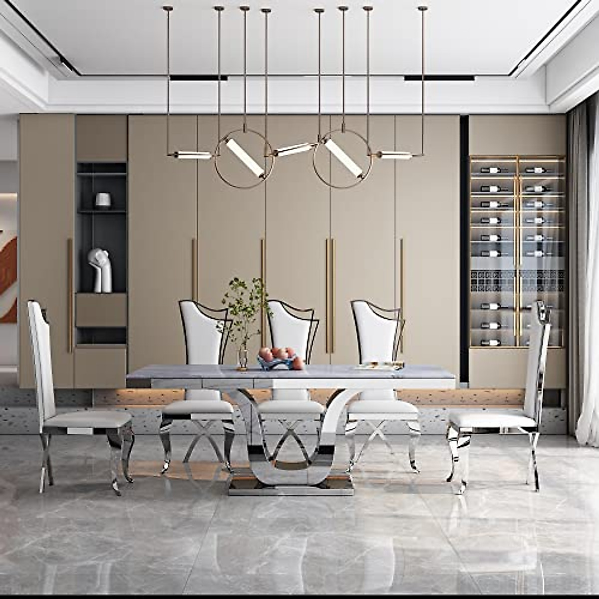 78'' Marble Dining Room Table for 6 or 8, Dining Table with Silver Stainless Steel "U" Shaped Pedestal, Rectangular Kitchen Table with 0.71'' Thick Gray Marble Tabletop, Mirror Finish Base(No Chairs)