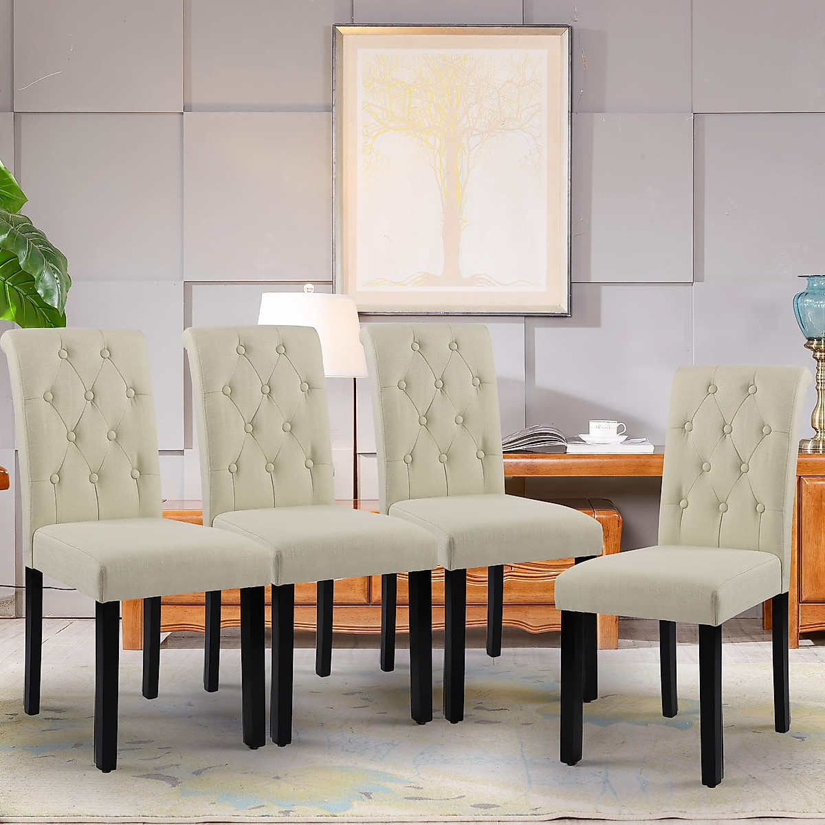 LSSBOUGHT Button-Tufted Dining Chairs Set of 4, Kitchen Chairs with Solid Wood Legs, Parsons Fabric Dinning Room Chairs with High Back, Padded Armless Side Chair for Kitchen Dining Room, (4pcs,Beige)
