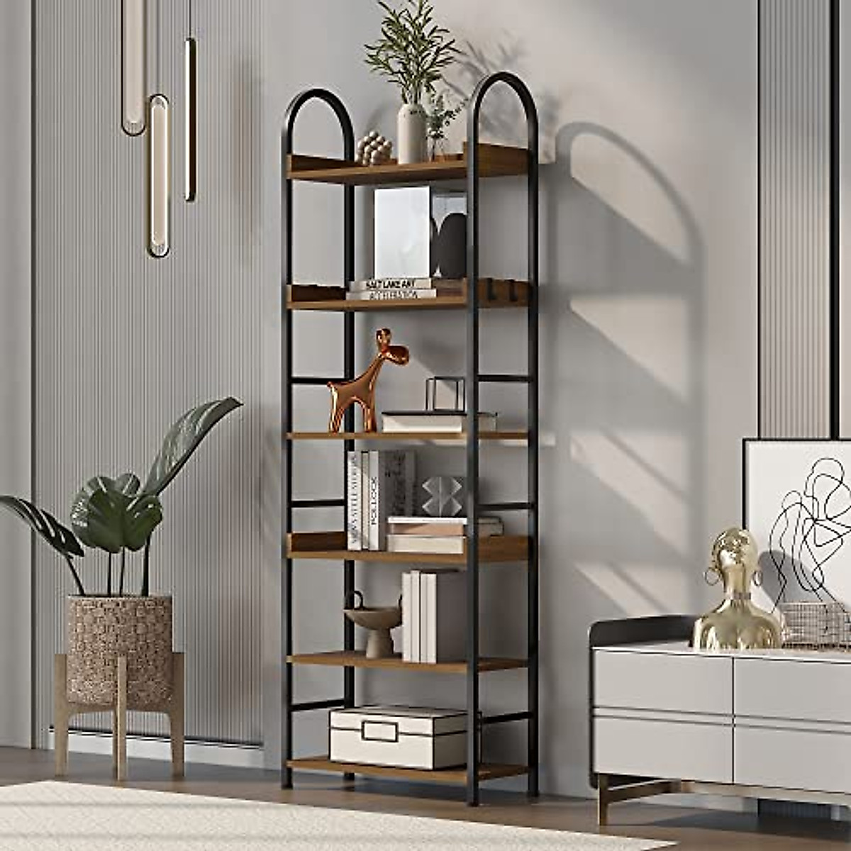 Merax 6 -Tier Tall Bookshelf Bookcase, Open Industrial Open Storage and Display Shelves with Hooks
