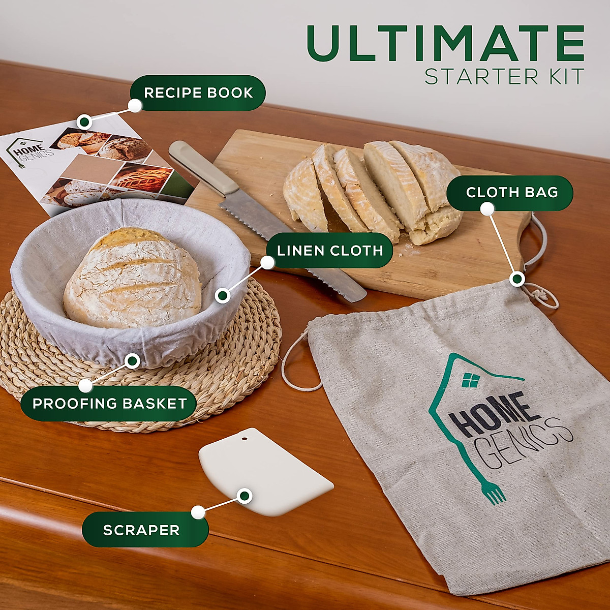 9 Inch HomeGenics Proofing Basket - With Scraper, Cloth Bag, and Recipe Book, Smooth and Splinter-Free Finish Bread Basket, Handcrafted, For Bread Making Tools Supplies